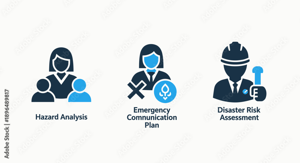 Emergency management icons: hazard analysis, communication plan, and ...