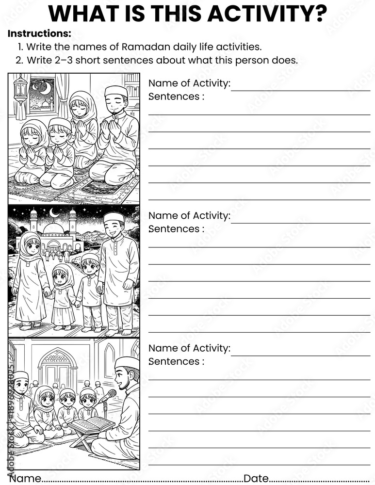 Ramadan daily activities writing worksheets for grades 2–4 with Islamic ...