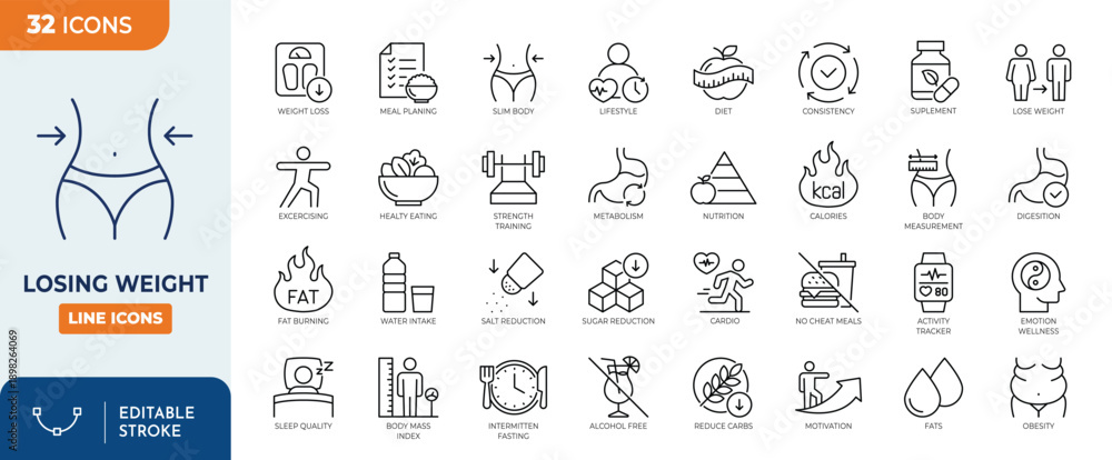 Losing Weight icon set. Contain icons related to Diet, weight loss ...
