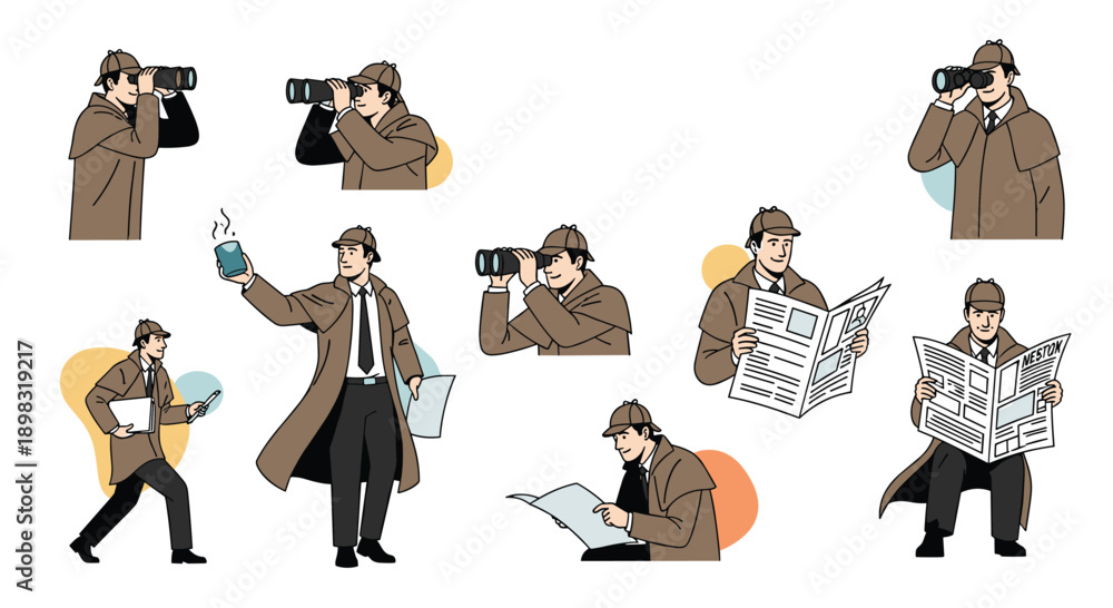 Set of detective illustrations showing a character in a trench coat ...