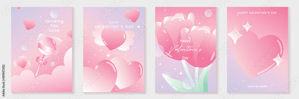 Happy Valentine's Day minimal heart vector poster set with soft pink ...