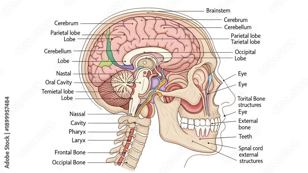 Labeled sagittal section anatomy diagram of the human head and brain ...