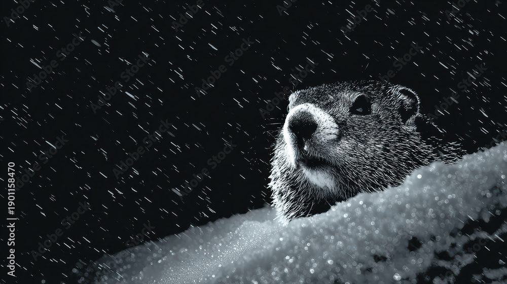 Groundhog snow winter wildlife animal nature cold night dark background ...