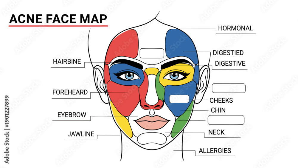 Acne Face Map Illustration: Diagram of Facial Breakouts Linked to ...