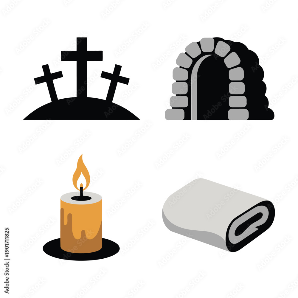 Holy Week symbols with candle, burial cloth, tomb entrance and three ...