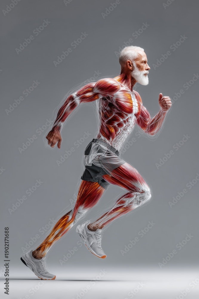 Elderly male athlete with visible muscle anatomy running in motion ...