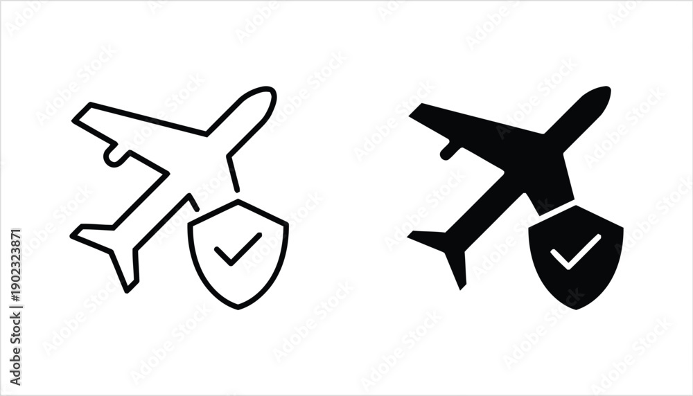 Airplane with shield and check mark icons, outline and solid black ...