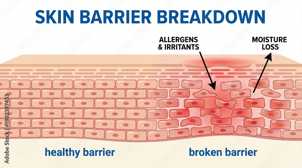 Foto de Stock Skin barrier breakdown damaged skin cells moisture loss ...