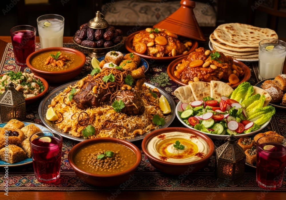Stock-Foto „Islamic Iftar Food Feast Table with Lamb Rice and Dates for ...