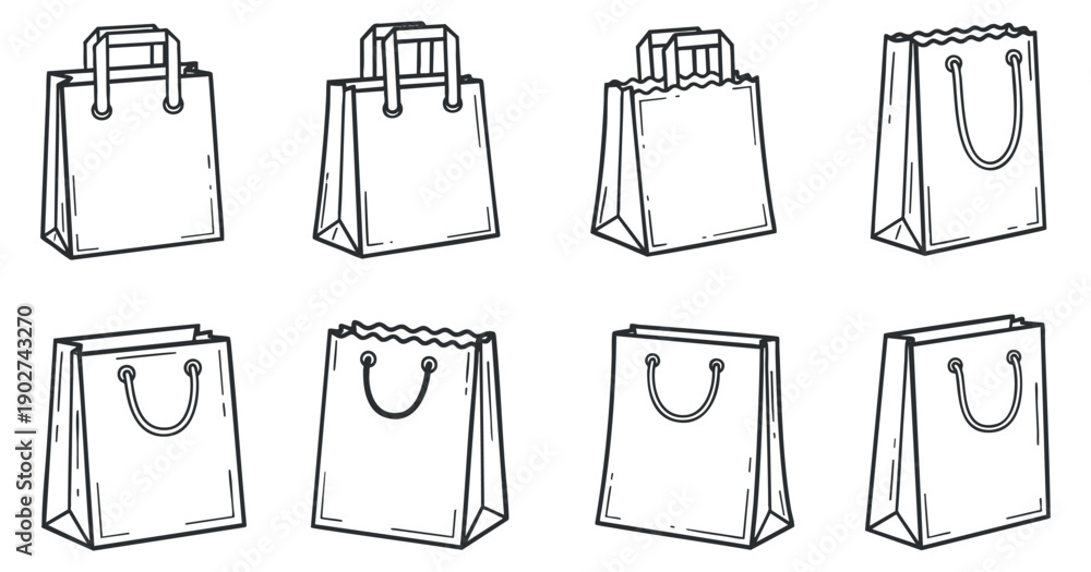 A collection of various shopping bags in outline vector style, ideal ...