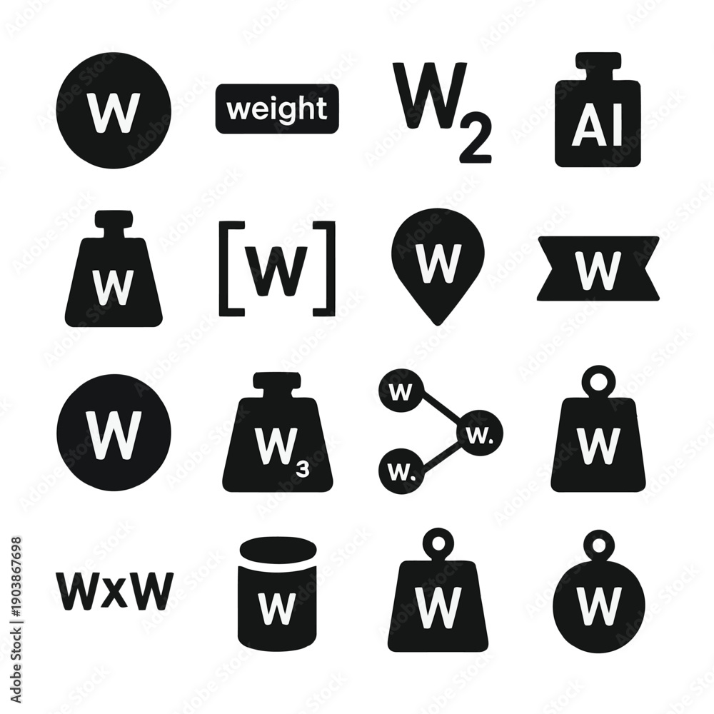Collection of black and white weight icons scales and related symbols ...