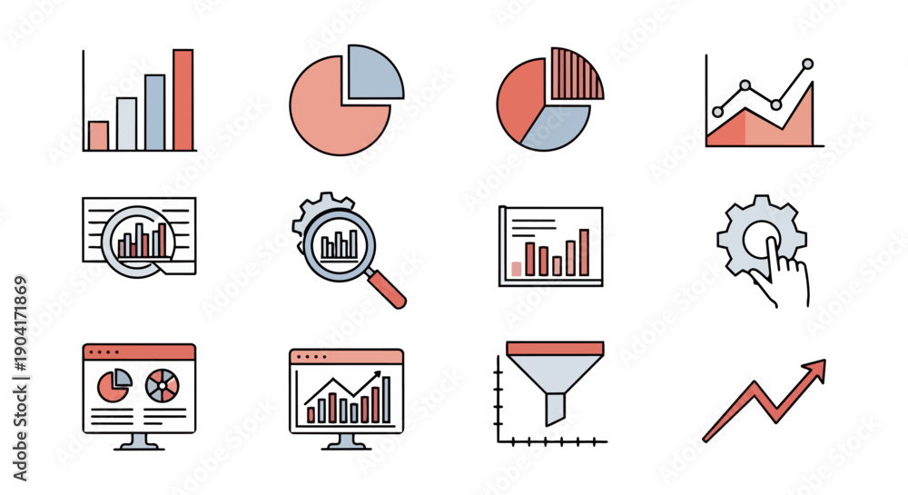 Data analytics and growth chart icon set flat vector collection の Stock ...