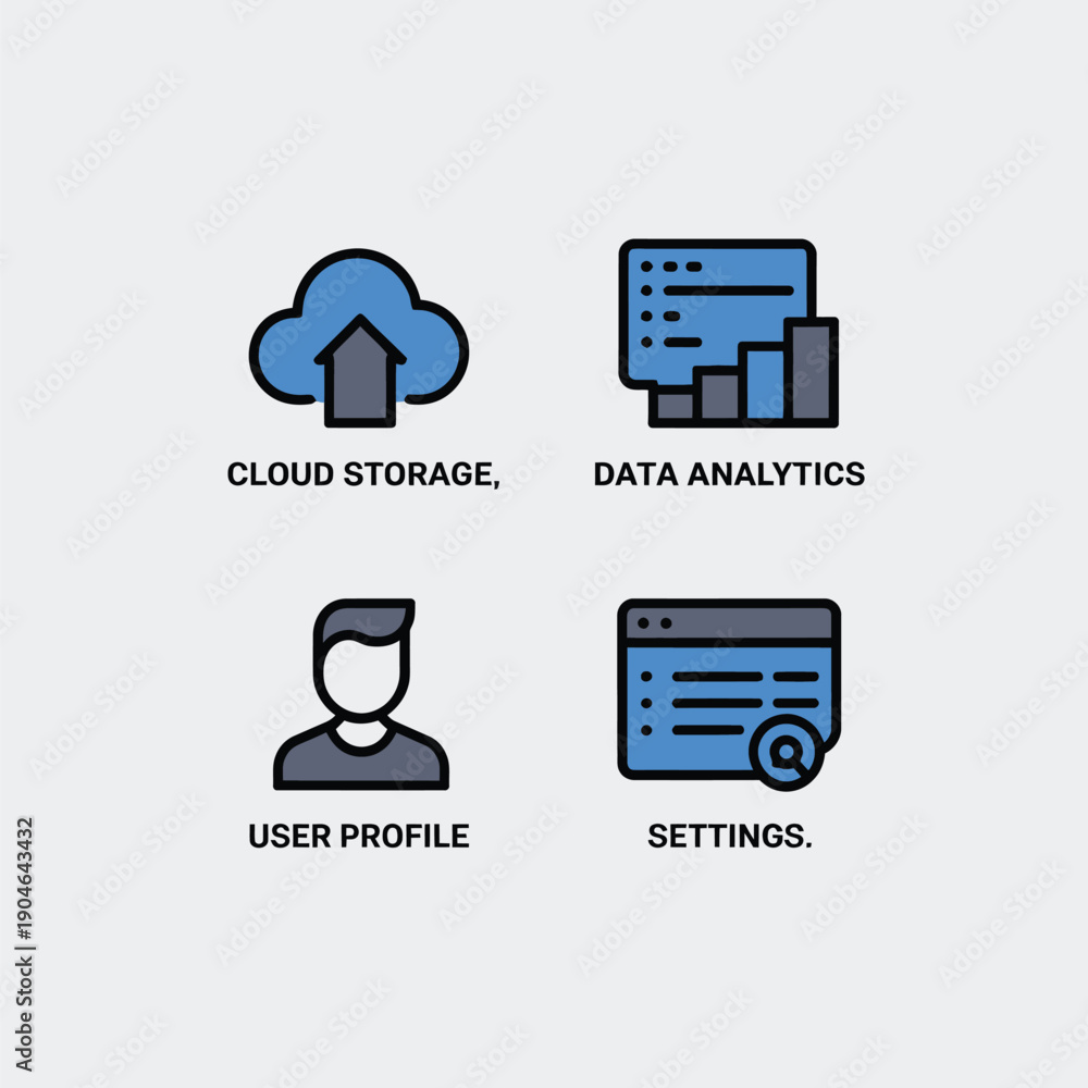 Vektor cloud storage data analytics user profile and settings icons for ...