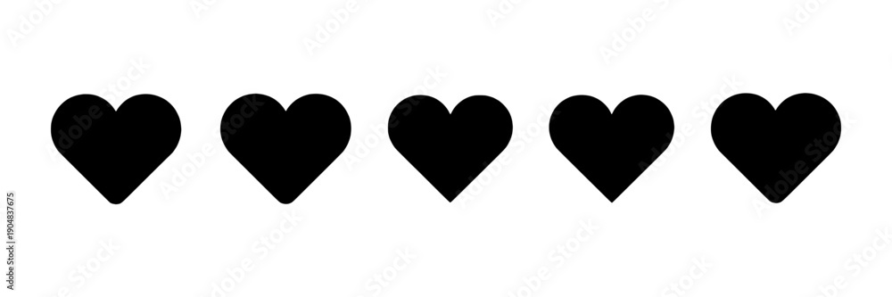 Hearts icon row with five black filled love symbols in a horizontal ...