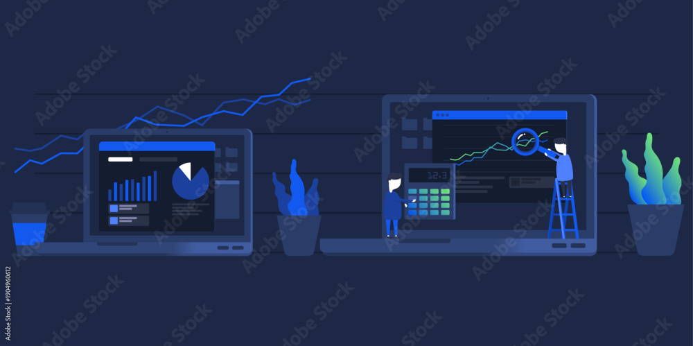 Deep Navy Business Analytics Illustration Human Figures Monitoring ...