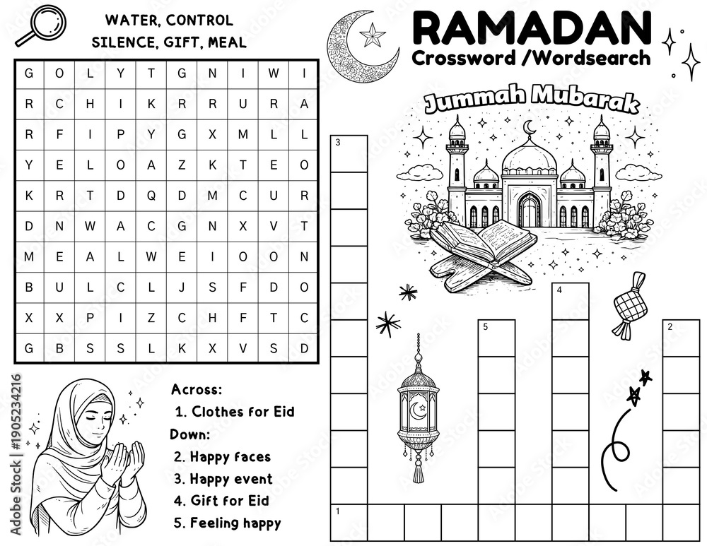 Ramadan crossword and word search worksheets for grades 2–4 focusing on ...