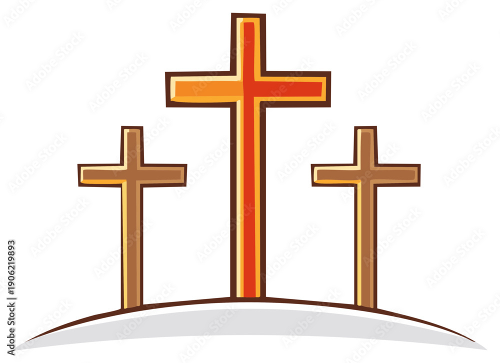 Three crosses on calvary hill, religious symbol of crucifixion and ...