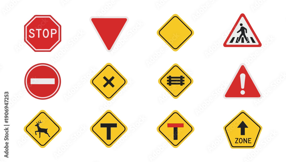 Road signs collection for traffic safety and directional guidance Stock ...