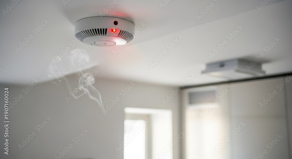 Photo Stock Modern smoke detector with red warning light and smoke ...