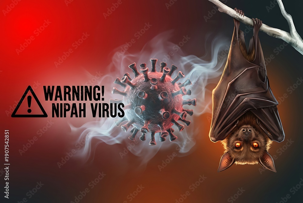 Zdjęcie bez tantiem: Warning Nipah virus alert symbol with virus model ...