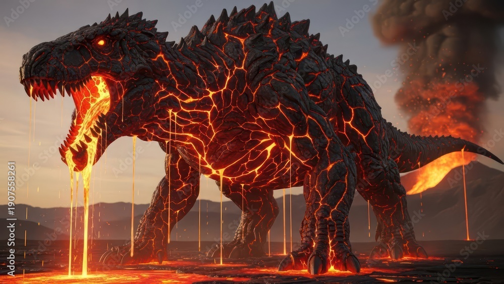 Imposing volcanic titan saurian emerges from erupting landscape amid ...