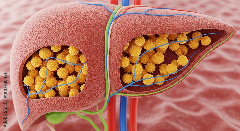 Cross section of a human liver showing fatty deposits within its ...