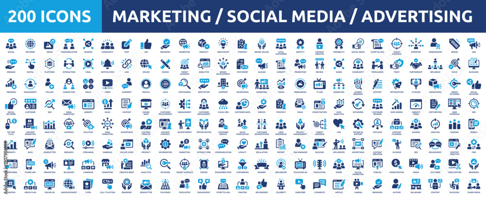 Huge set of 200 solid icons. Mega collection concept of marketing ...