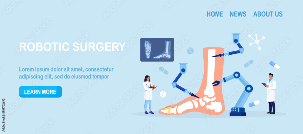 Robot arms operating healing foot, ankle joint. Robotic surgery ...