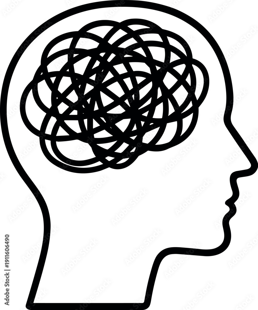 Human Head Profile with Messy Tangled Brain Lines in a Black Outline ...