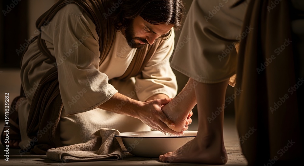Jesus Christ humbly washing the feet of a disciple, demonstrating an ...