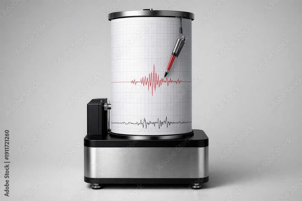 Modern seismic recording device with rotating drum and red waveform ...