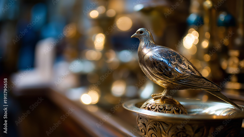 Symbols of Holy Spirit such as ibis and dove, defocused reverent ...