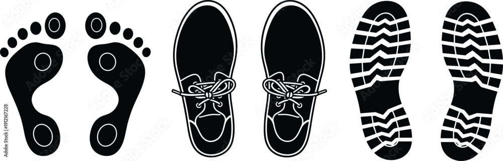 Stock-Vektorgrafik „Bare feet, dress shoes and boot tread silhouettes ...