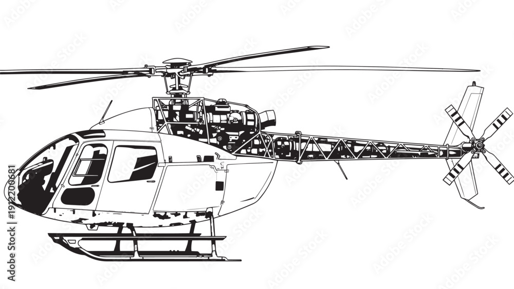 Vector de Stock Monochrome line drawing of a helicopter in side profile ...