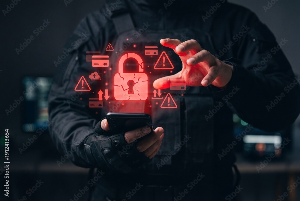 Hacker in tactical vest holding smartphone with red cracked lock and ...