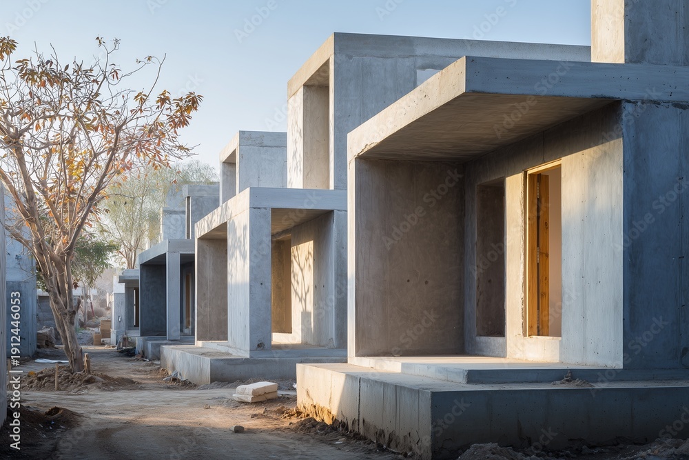 Minimalist residential housing project, multiple houses being built ...