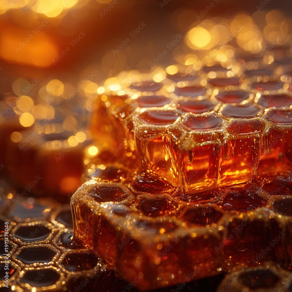stacked honeycomb pieces with golden honey flowing slowly between ...