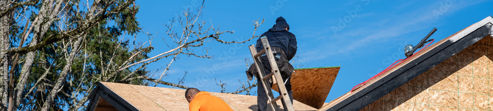 Carpenter on roof with sheet of OSB plywood roof sheathing, pneumatic ...