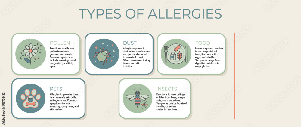 Types of Allergies Overview infographic featuring pollen, dust, food ...