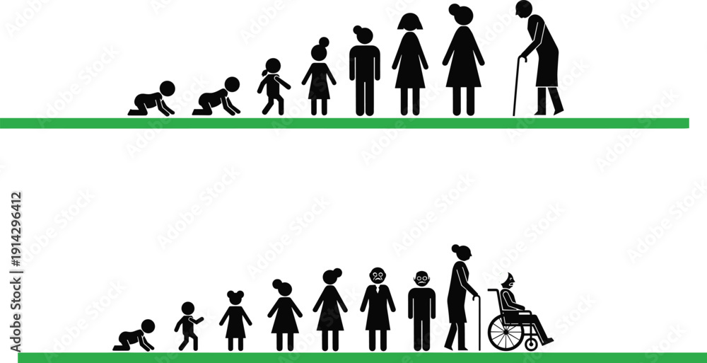 Human life cycle silhouette, aging process illustration, stages of ...