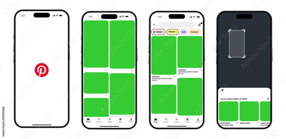Pinterest UI Mockup – Mobile App Design for Home Feed, Pinning, and ...
