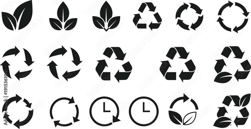 Stock-Vektorgrafik „Set of ecological black icons featuring recycling ...