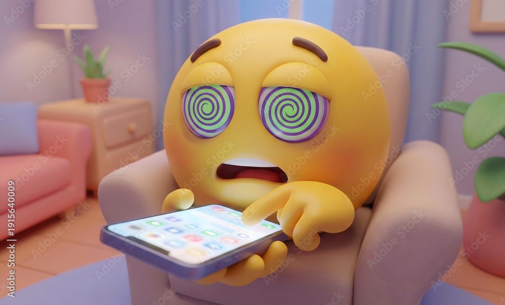 Digital Addiction: Hypnotized 3D Emoji Character Scrolling on Mobile ...