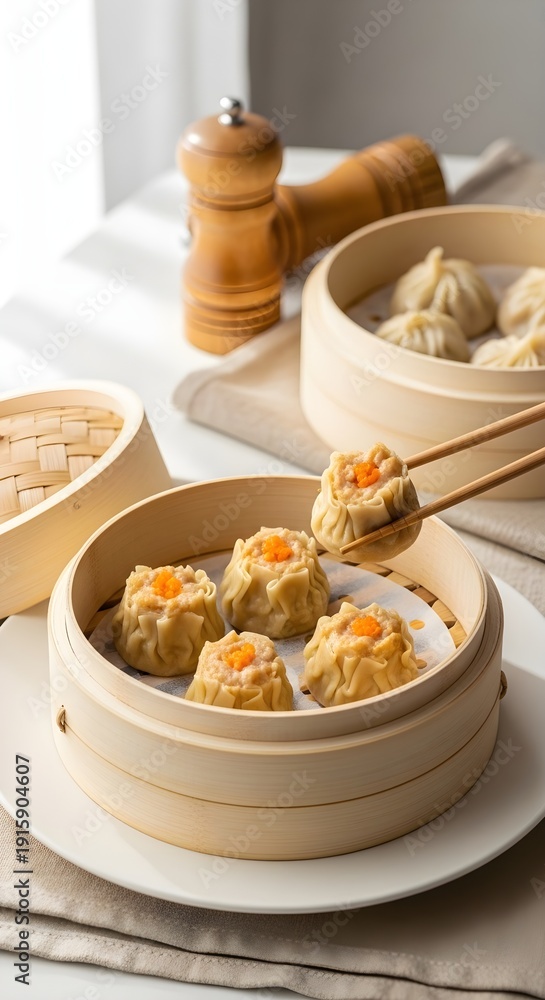 Steamed dim sum with dipping sauce and chopsticks Stock Photo | Adobe Stock