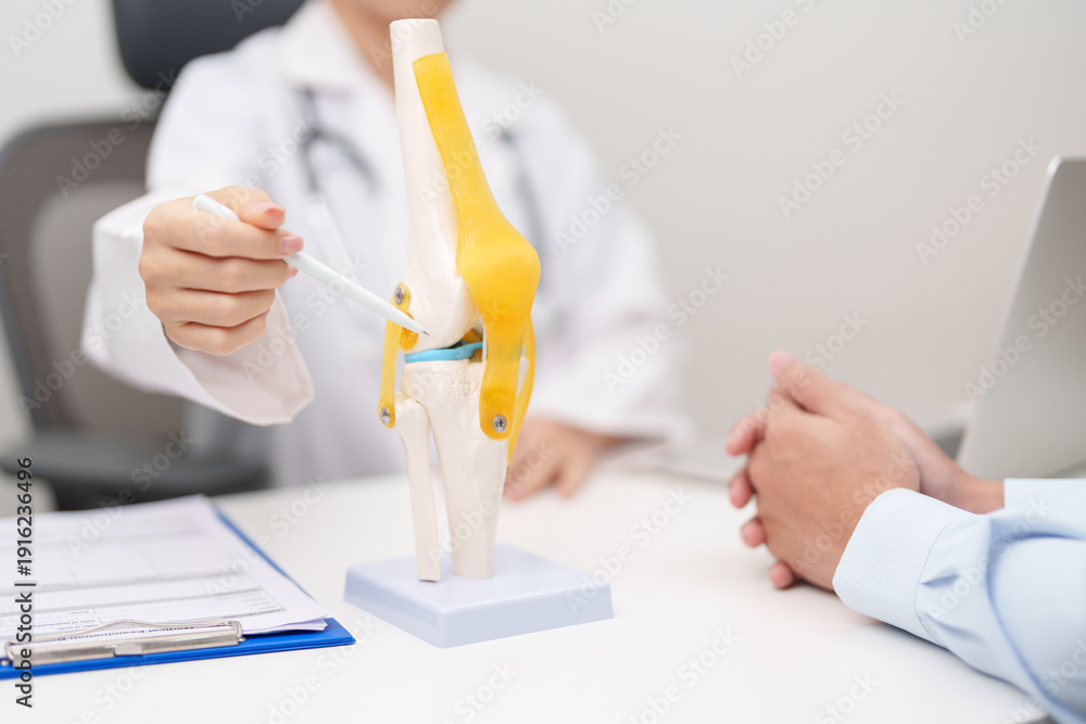 Doctor with Human Knee joint anatomy model. Osteoarthritis ...