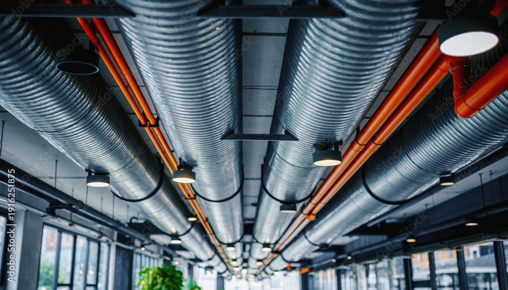 Ceiling with metallic ducts and lights in a modern commercial space ...