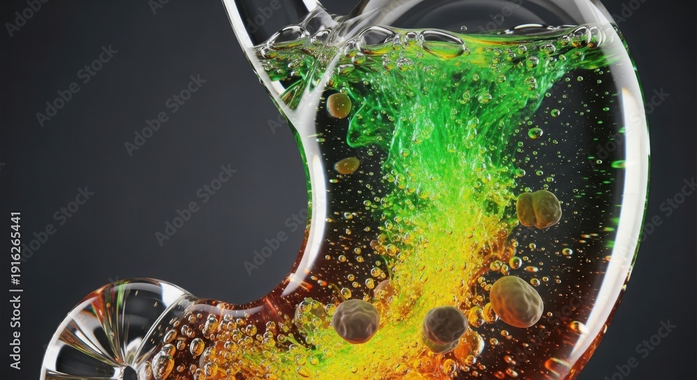 Glass human stomach model showing stomach digestion with swirling green ...