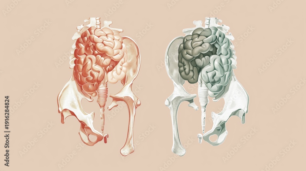 Side-by-side scientific comparison illustration of healthy versus ...