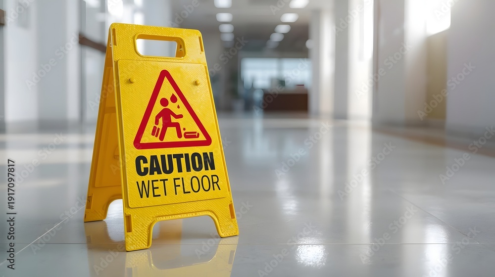 Caution wet floor sign in a public place, warning of slippery surfaces ...
