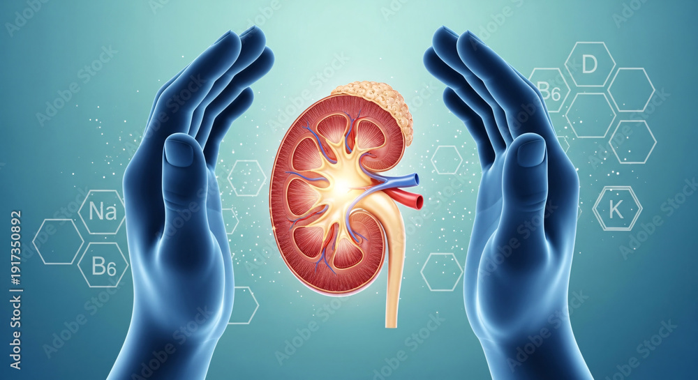 Foto Cupped hands protecting a glowing human kidney with floating ...